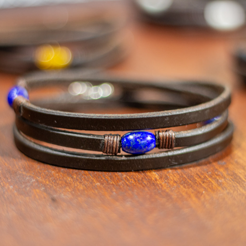 Trinity3 Bracelet - Lapis Lazuli & Dark Havana English Bridle – Atlas Accessories